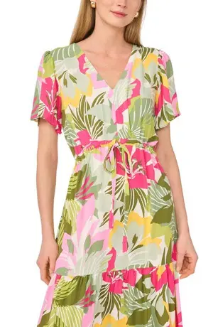 Vince Camuto Printed Tie Waist Tiered Maxi Dress - Flamingo Pink