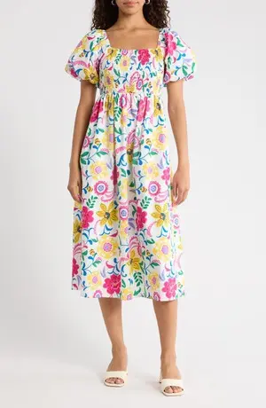 SUGARLIPS Floral Smocked Midi Dress - White Multi