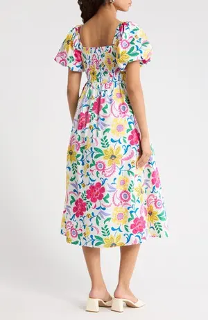 SUGARLIPS Floral Smocked Midi Dress - White Multi