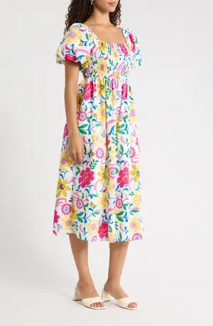 SUGARLIPS Floral Smocked Midi Dress - White Multi