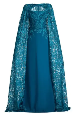 Tadashi Shoji Embroidered Cape Gown