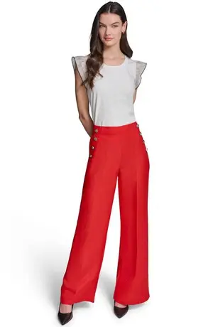 Karl Lagerfeld Paris Linen Blend Sailor Pants With Rosette Buttons - Apple Red