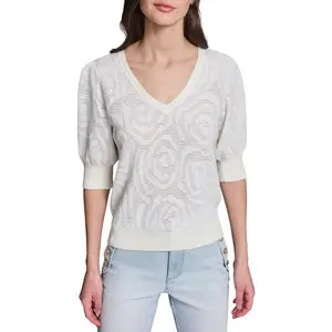 Karl Lagerfeld Paris Floral Puff Sleeve Sweater - Soft White