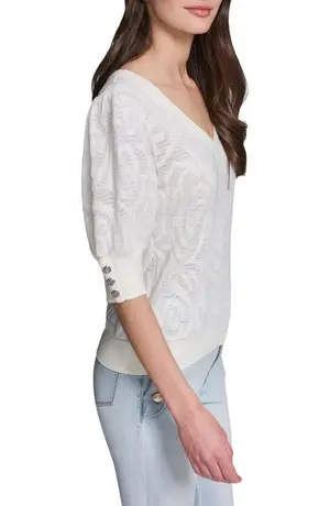 Karl Lagerfeld Paris Floral Puff Sleeve Sweater - Soft White