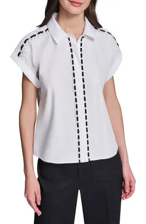 Karl Lagerfeld Paris Short Sleeve Eyelet Top