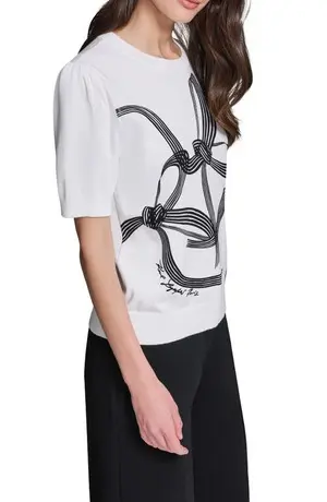 Karl Lagerfeld Paris Short Sleeve Bow Print Fine Knit Sweater