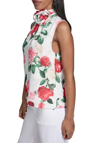 Karl Lagerfeld Paris Rosette Detail Floral High Neck Tank