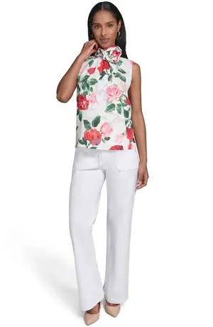 Karl Lagerfeld Paris Rosette Detail Floral High Neck Tank