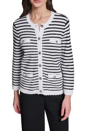 Karl Lagerfeld Paris Striped Cotton Blend Cardigan - Soft White/black