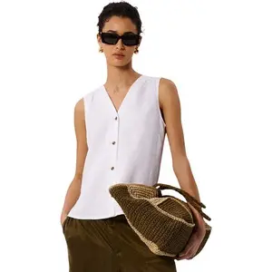 Whistles Laura Linen Button-up V-neck Tank - White