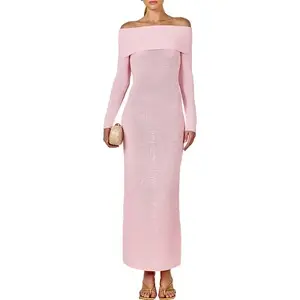 Endless Rose Off-the-shoulder Open Stitch Sweater Dress - Pink