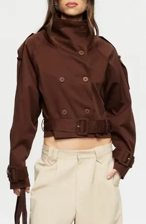 Lioness Cropped Trench Coat With Funnel Neck - Chocolate