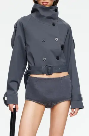 Lioness Cropped Trench Coat With Funnel Neck - Slate