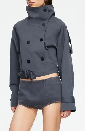 Lioness Cropped Trench Coat With Funnel Neck - Slate