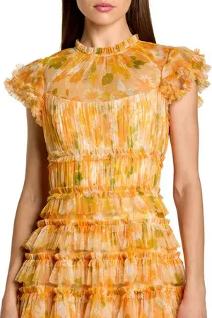 Mac Duggal Floral Mesh High Neck Cap Sleeve Midi Dress With Tiered Ruffles