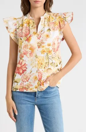SUGARLIPS Floral Split Neck Stretch Cotton Top - Coral-mult