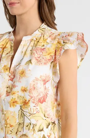 SUGARLIPS Floral Split Neck Stretch Cotton Top - Coral-mult