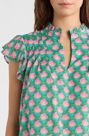 SUGARLIPS Floral Split Neck Stretch Cotton Top - Coral-multi