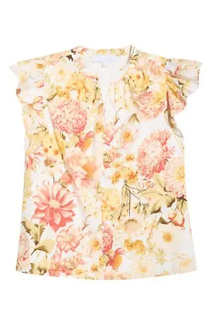 SUGARLIPS Floral Split Neck Stretch Cotton Top - Coral-multi