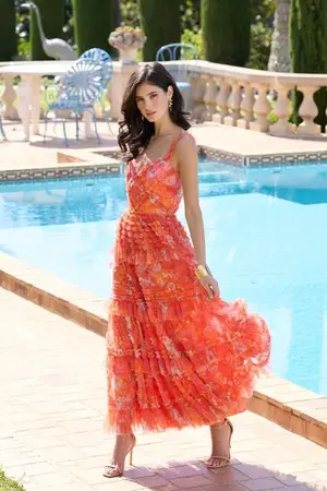Mac Duggal Sleeveless Floral Ruffle A-line Maxi Dress