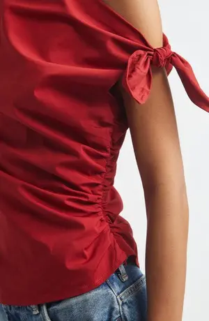 Staud Bellaria One-shoulder Stretch Cotton Top With Tie Accents - Rouge