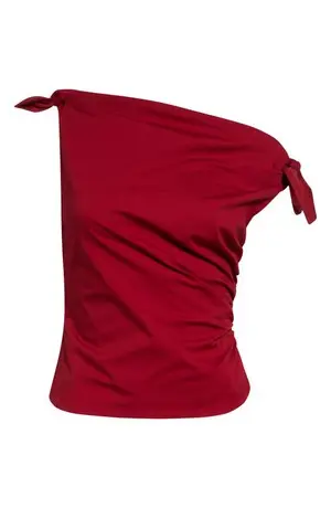 Staud Bellaria One-shoulder Stretch Cotton Top With Tie Accents - Rouge