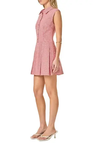 English Factory Sleeveless Gingham Check Mini Shirt Dress - Red Plaid