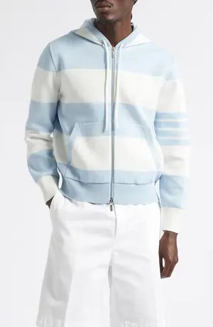 Thom Browne Hector Rugby Stripe Zip Hoodie - Light Blu