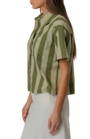 Kut From The Kloth Aida Stretch Cotton Blend Short Sleeve Button-up Top - Olive/ivory