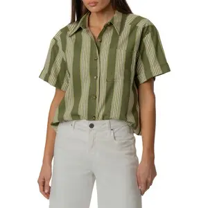 Kut From The Kloth Aida Stretch Cotton Blend Short Sleeve Button-up Top - Olive/ivory