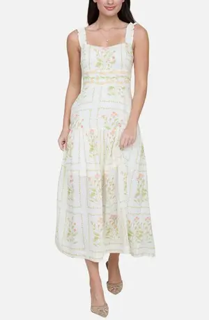 BLU PEPPER Floral Midi Dress With Ruffled Straps - Cream Multi