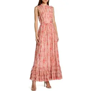 Mac Duggal Floral Mesh High Neck Midi Dress With Ruffles
