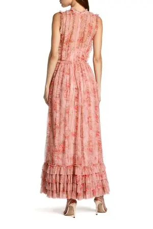 Mac Duggal Floral Mesh High Neck Midi Dress With Ruffles