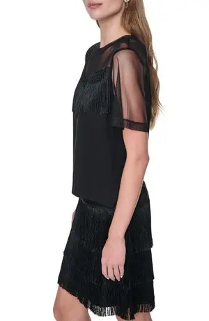 Dkny Fringe Detail Cotton Blend Mesh Top