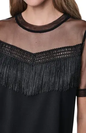 Dkny Fringe Detail Cotton Blend Mesh Top