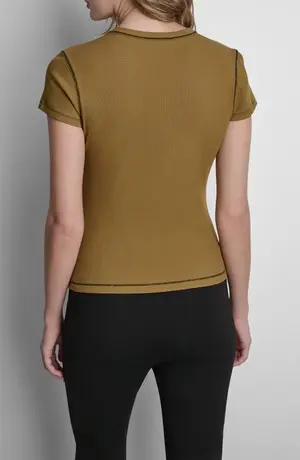 Dkny Ribbed Knit Top With Contrast Stitching And Cutout Detail - Dune