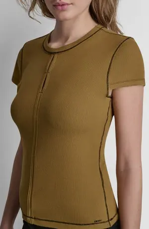 Dkny Ribbed Knit Top With Contrast Stitching And Cutout Detail - Dune