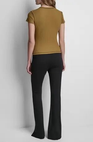 Dkny Ribbed Knit Top With Contrast Stitching And Cutout Detail - Dune