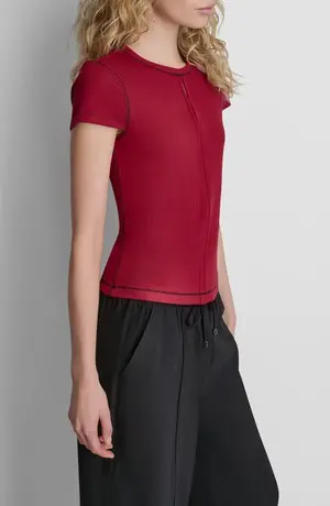 Dkny Ribbed Knit Top With Contrast Stitching And Cutout Detail