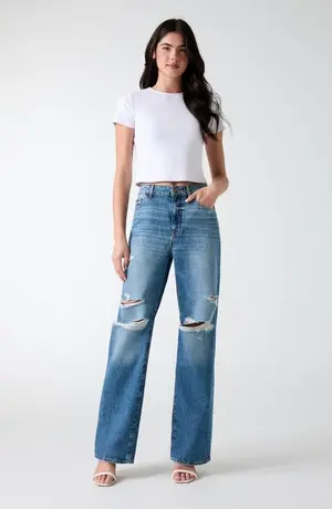 Guess High Waist Ripped Straight Leg Jeans