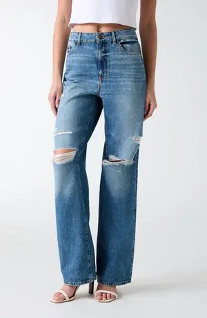 Guess High Waist Ripped Straight Leg Jeans