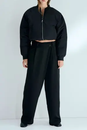 H&m Wrapover Tailored Trousers With Asymmetric Front And Wide Legs - Black
