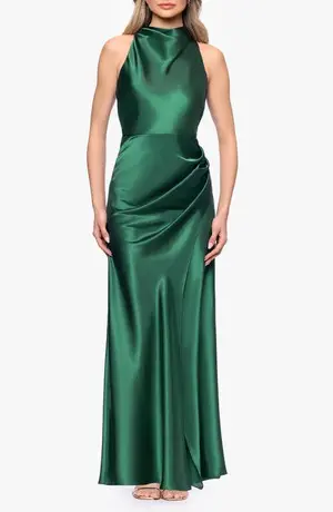 Betsy & Adam Ruched Sleeveless Satin Charmeuse Gown - Hunter