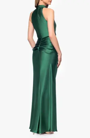 Betsy & Adam Ruched Sleeveless Satin Charmeuse Gown - Hunter