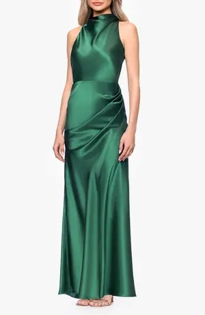 Betsy & Adam Ruched Sleeveless Satin Charmeuse Gown - Hunter