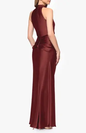 Betsy & Adam Ruched Sleeveless Satin Charmeuse Gown - Nutmeg