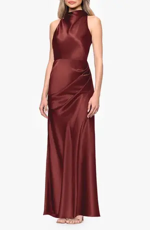 Betsy & Adam Ruched Sleeveless Satin Charmeuse Gown - Nutmeg