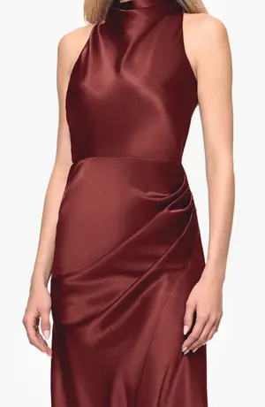 Betsy & Adam Ruched Sleeveless Satin Charmeuse Gown - Nutmeg
