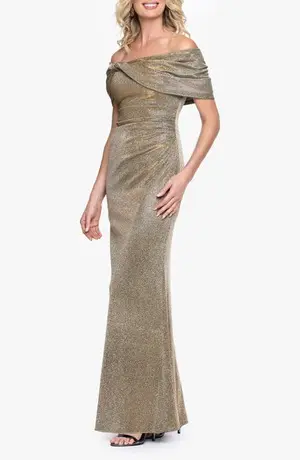 Betsy & Adam Galaxy Metallic Twist Detail Off The Shoulder Gown