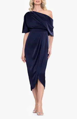 Betsy & Adam One-shoulder Satin Cocktail Dress - Navy